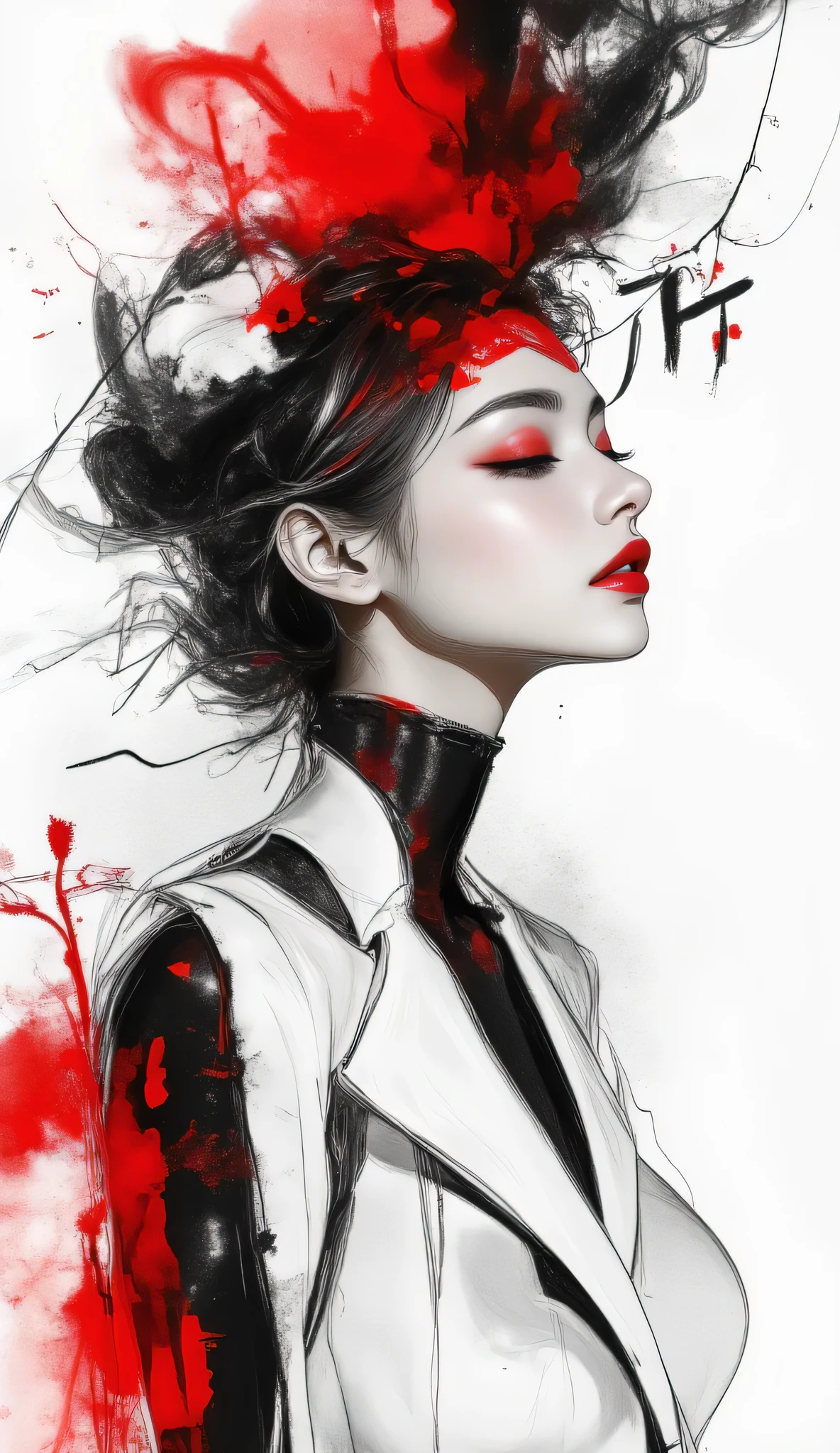 A drawing of a woman with a red headpiece and black hair - SeaArt AI