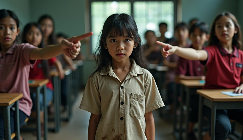 Nikmir woman at school . In a shabby uniform shirt , dirty - SeaArt AI