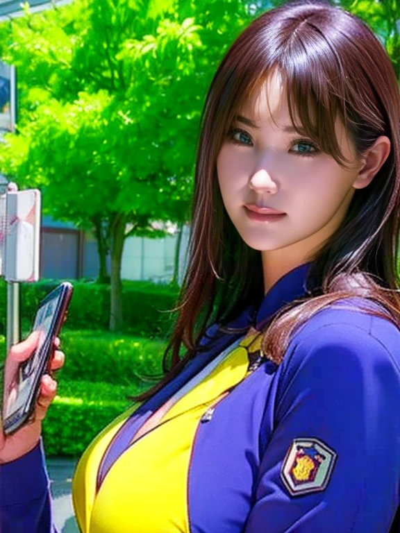 Close up of a woman in uniform holding a cell phone, Rei Hiroe - SeaArt AI