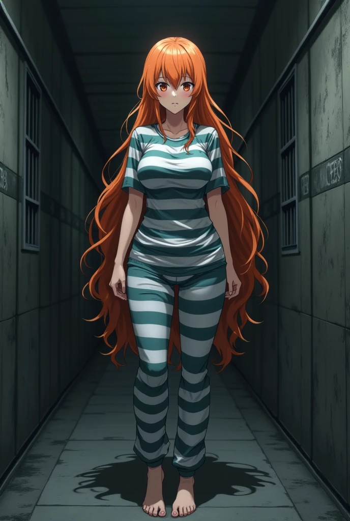 A young anime woman with long orange hair wearing an inmate's uniform ...