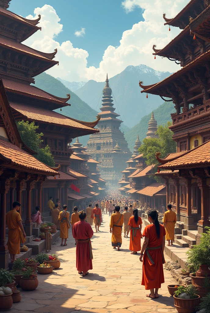 Lichchhavi Era "Illustrate an ancient scene from the Lichchhavi period ...