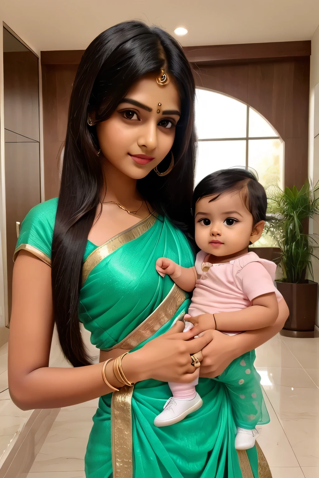Araffe woman in a green sari holding a baby - SeaArt AI