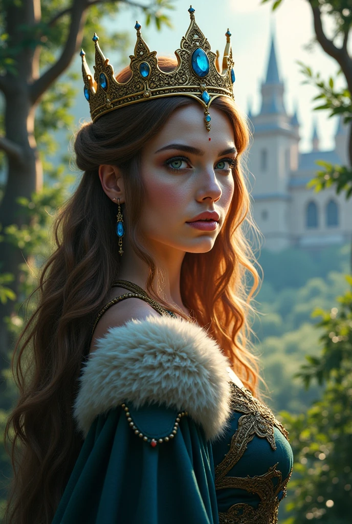 Long-haired queen with blue eyes in the forest with a view of the ...