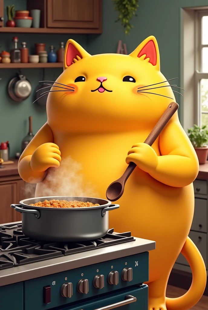 Create an image of a large yellow cat Frying meat on a stove in the ...