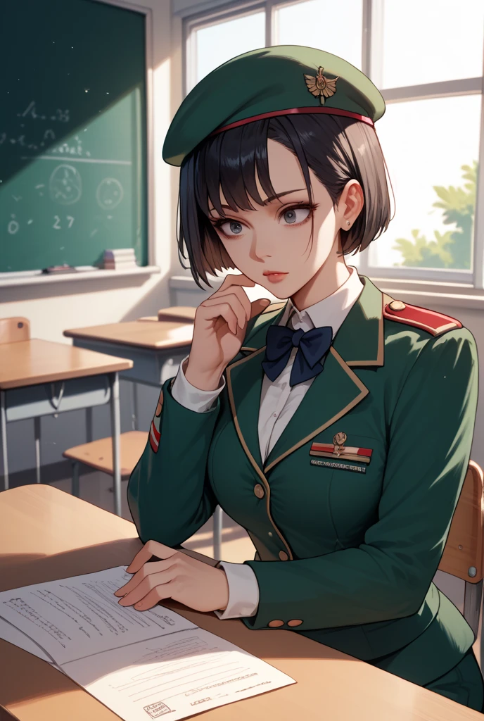 Beautiful young teacher , dressed in military uniform, wearing a green ...