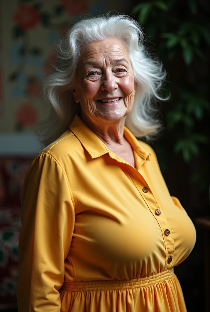 A real photo of a beautiful grandmother with abnormally large breasts ...