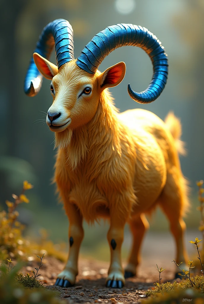 GOAT ANIMAL SKIN COLOR SHINY GOLD WITH BLUE HORN - SeaArt AI