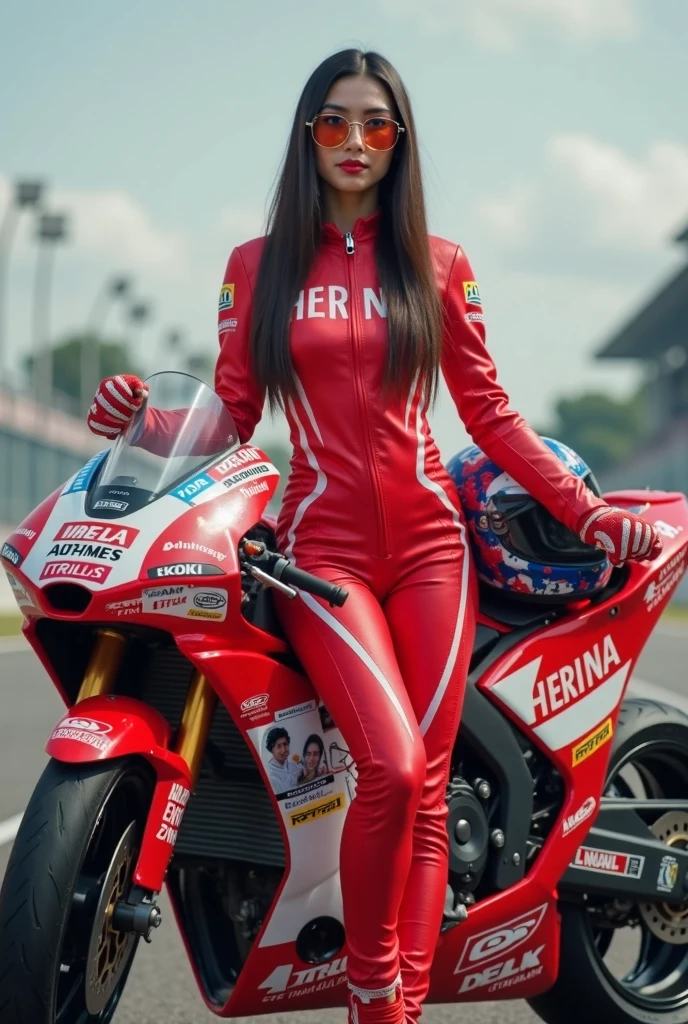 An Indonesian woman with long hair in a tie , wearing red racing ...