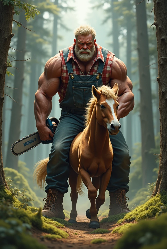 Create an image of a very muscular blond lumberjack adult male riding a ...
