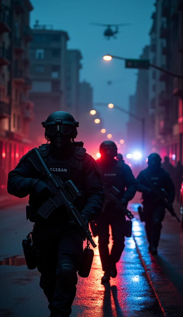 American SWAT Team in Action A shadowy urban street at night - SeaArt AI