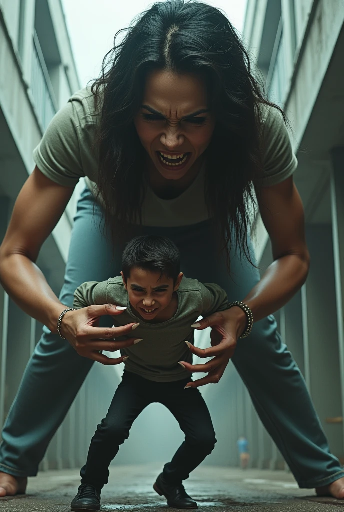 A giant angry woman holding a shrunken man trying to crush him with her ...