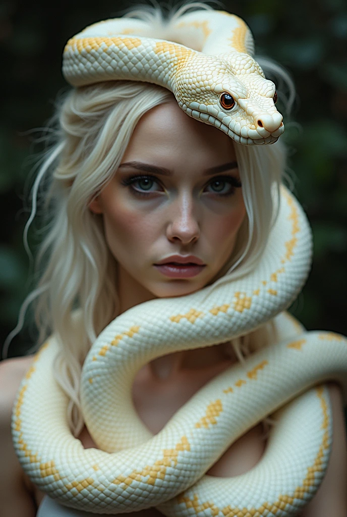 A white snake with a yellow stripe on its body, snake body, albino ...