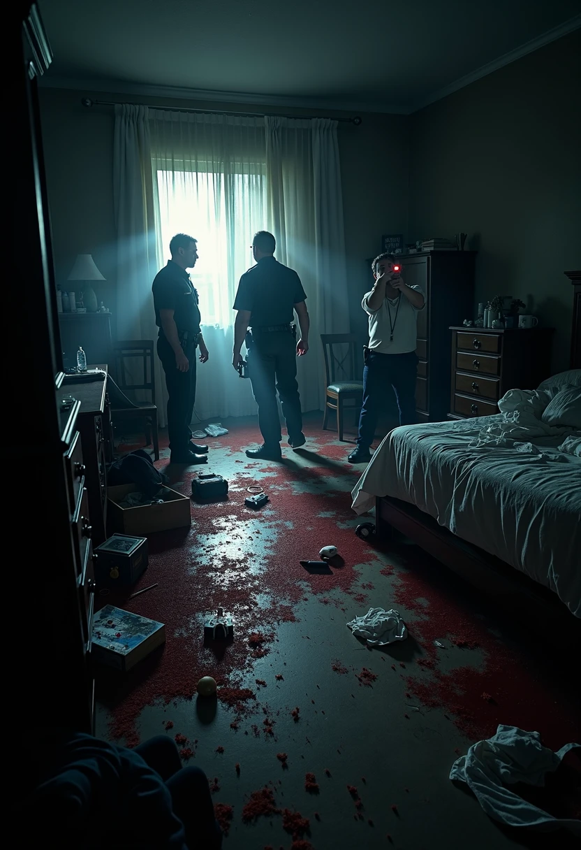 dark and messy room, murder scene , full color, police and ...
