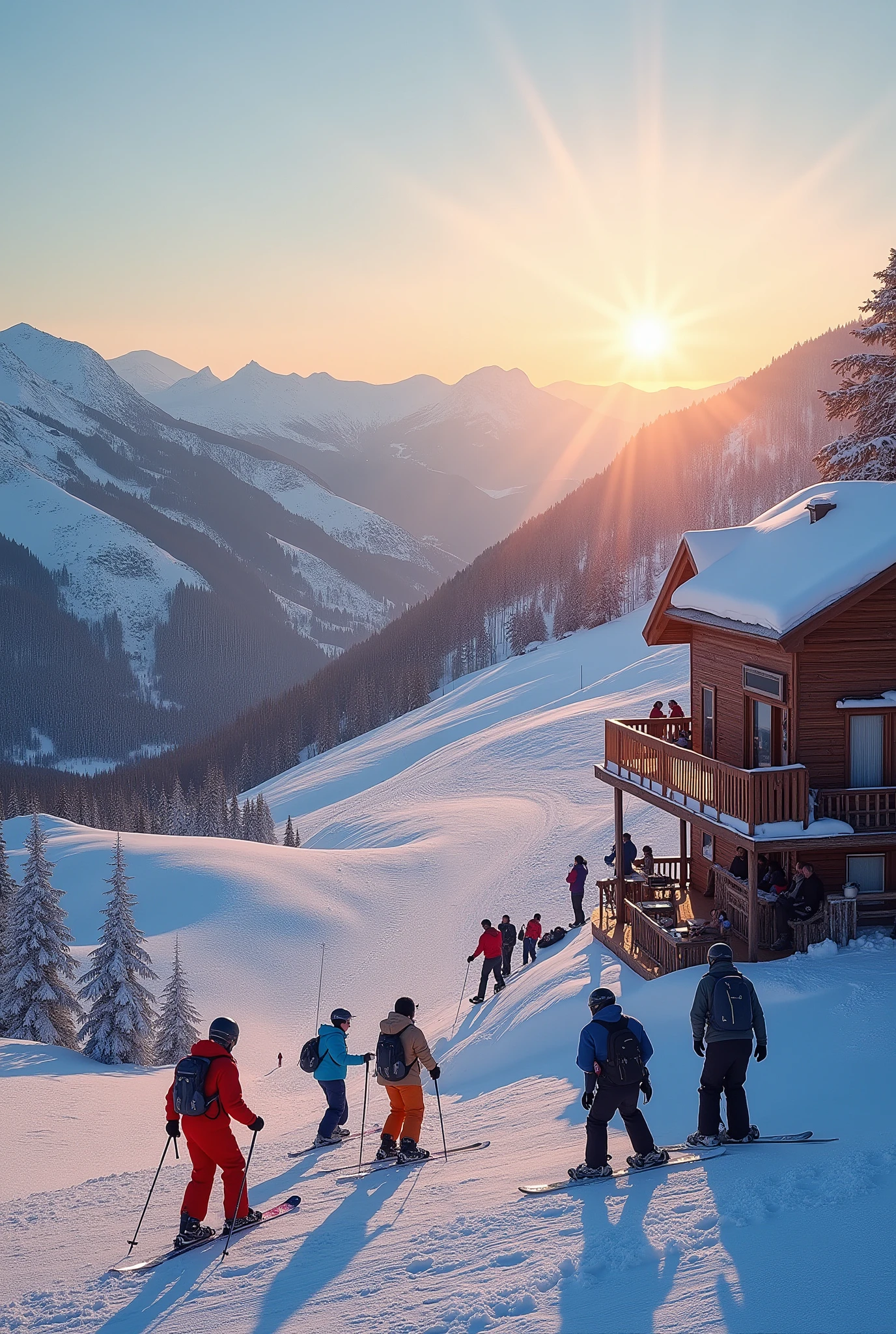 Skiers and snowboarders are on a snowy mountain slope at sunset - SeaArt AI
