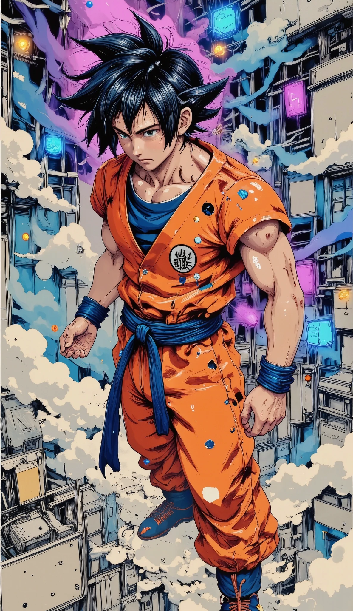 A cartoon picture of a young goku flying through the air（son goku ...