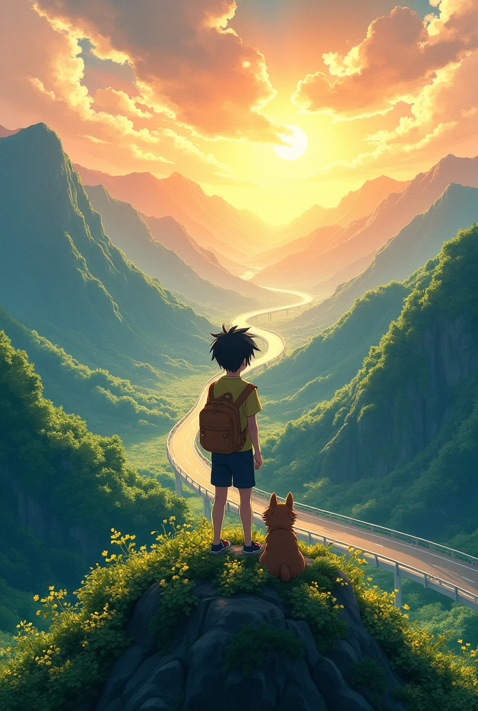 "Create an image of a highway surrounded by lush green mountains on a ...