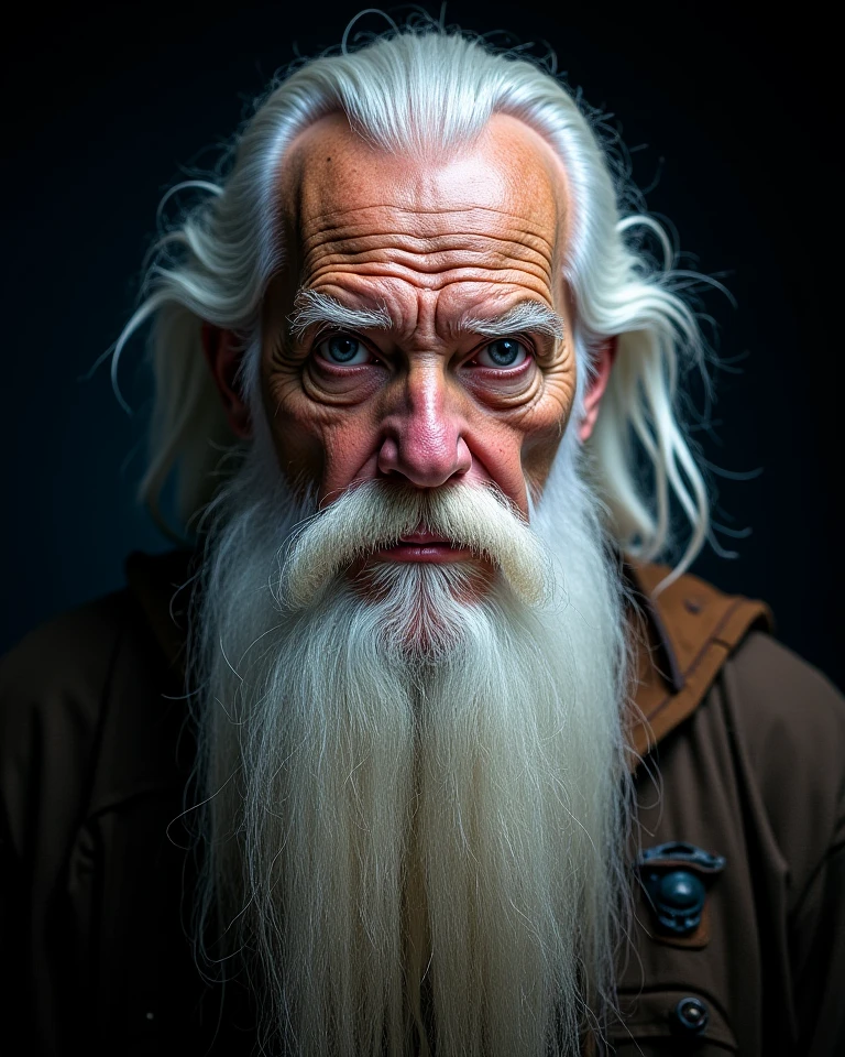 A portrait oF a wizard, bearded, wrinkled, aged, with penetrating eyes ...
