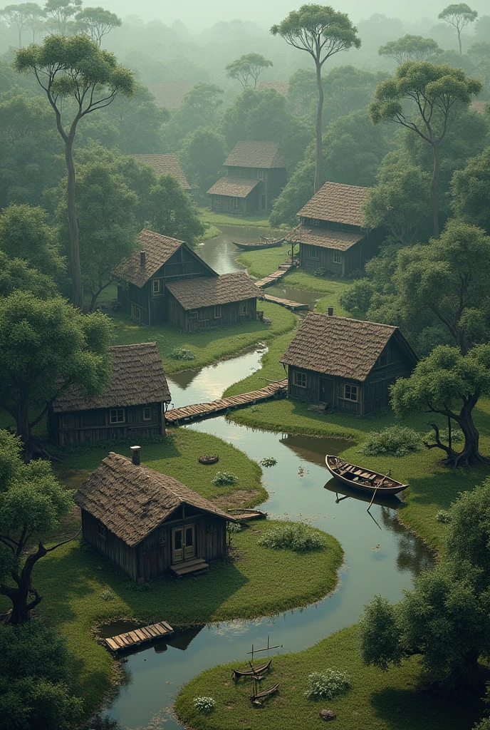 Small village surrounded by swamp swamps - SeaArt AI