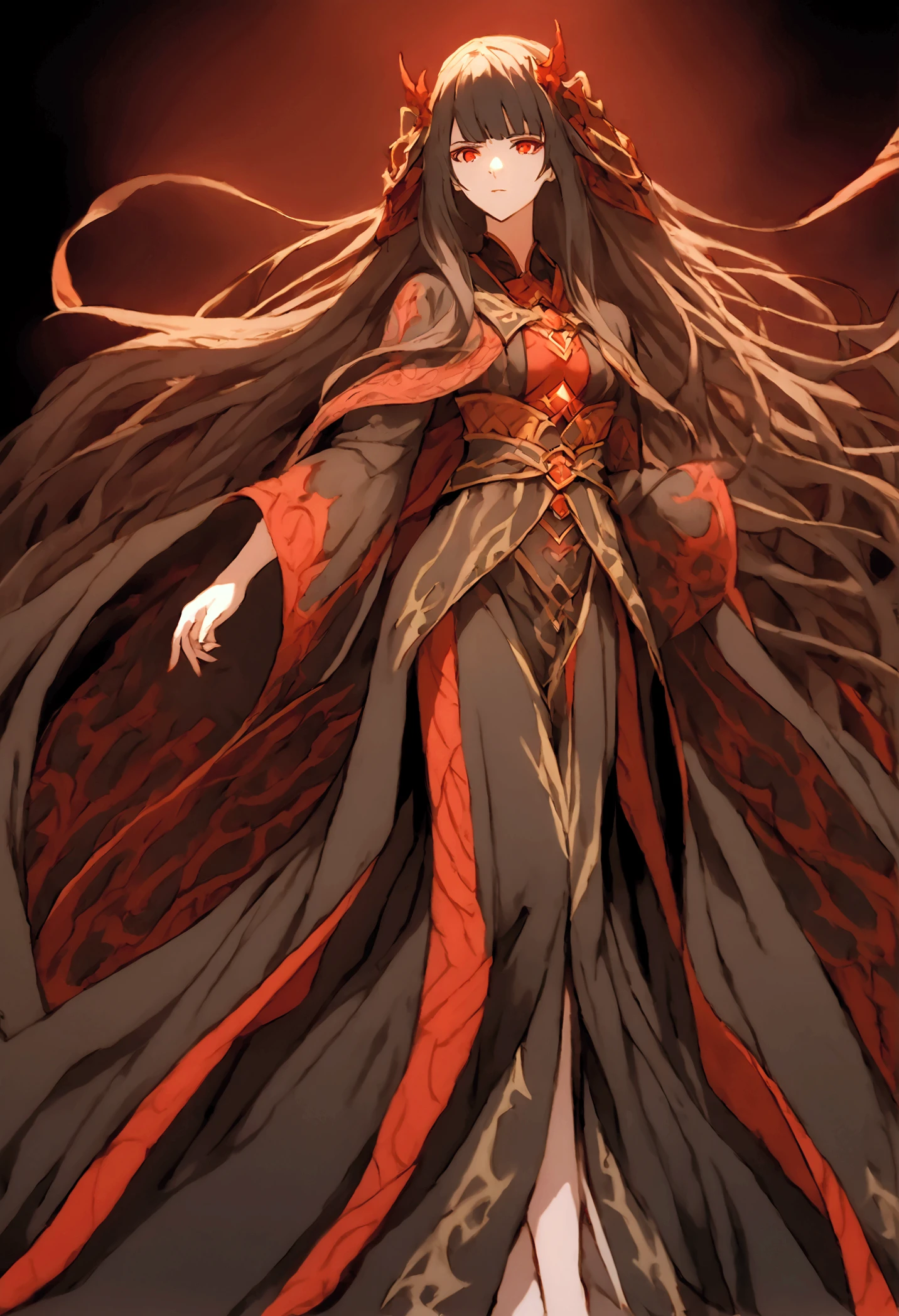 A woman in a long black dress with red accents, ornate flowing robe ...