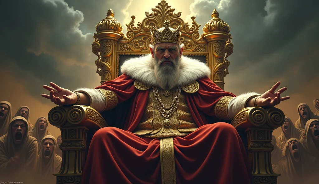 A dramatic depiction of a greedy and arrogant king sitting on an ...