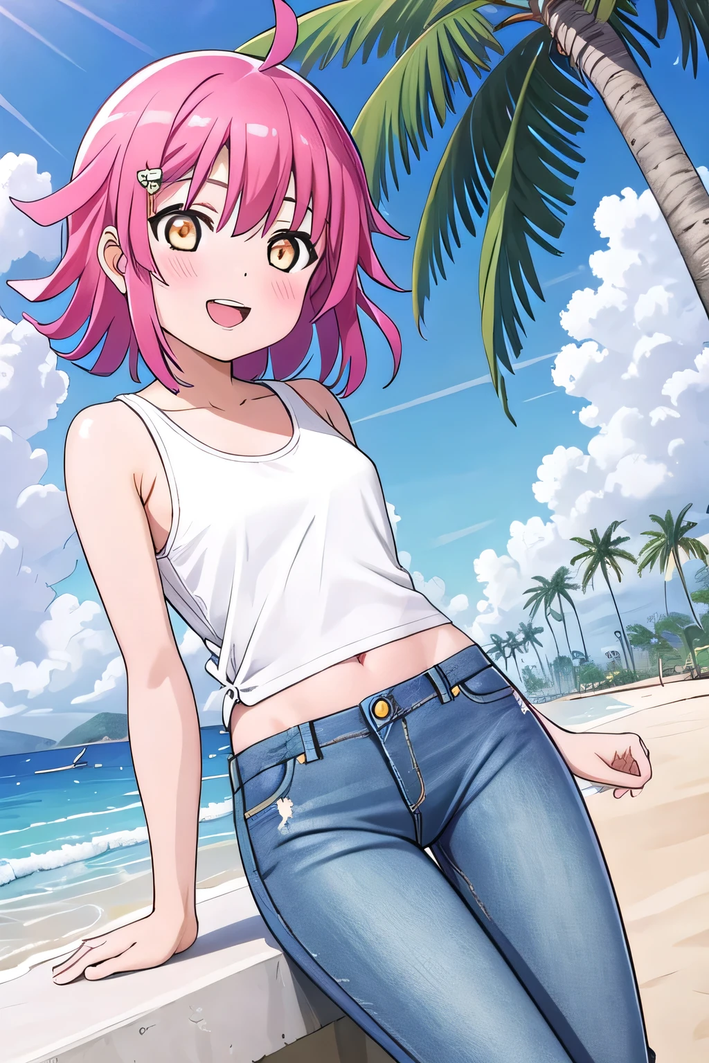 Anime girl with pink hair and blue jeans leaning on a wall（tennouji ...