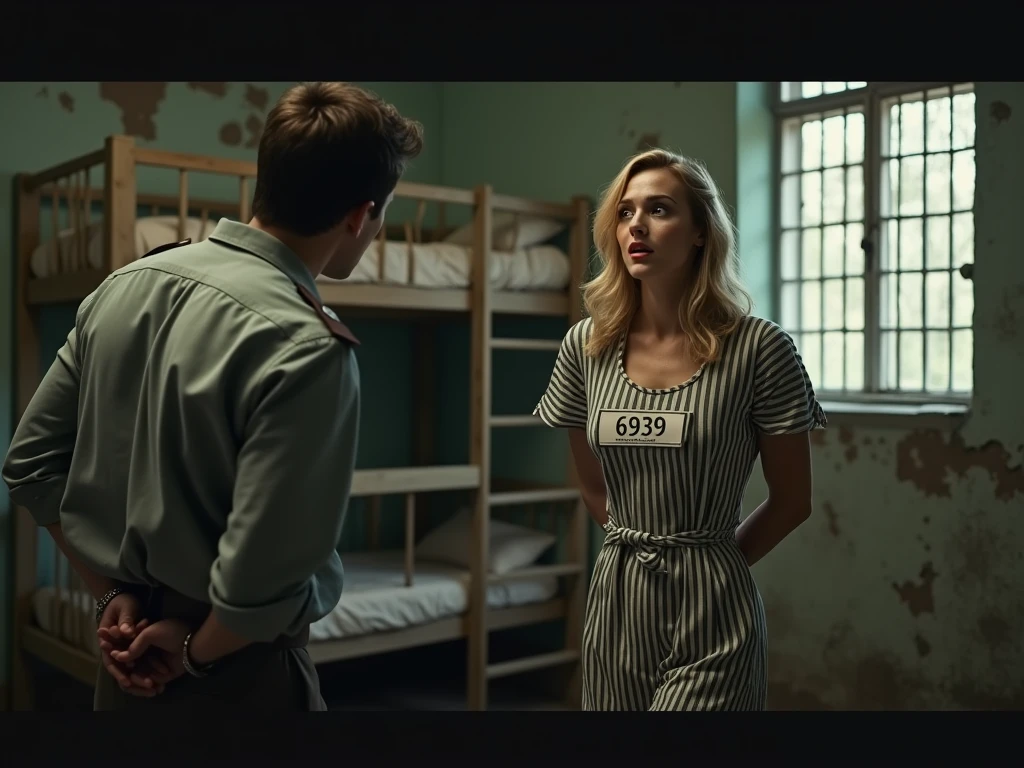 A stunning sexy blonde prison inmate HANDCUFFED BEHIND HER BACK - SeaArt AI