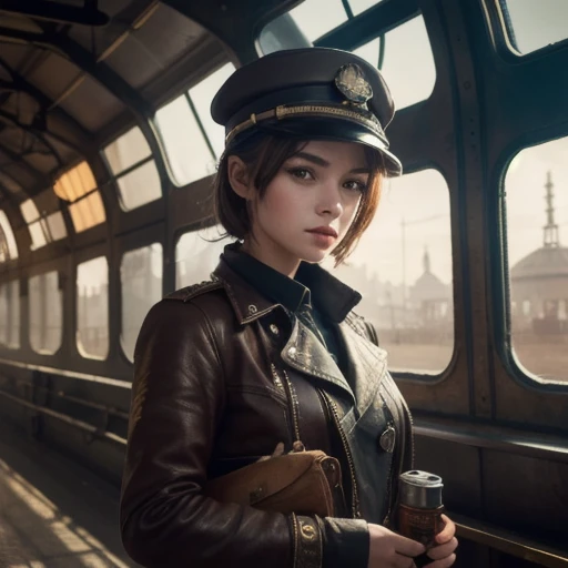 1 girl, Pilot Cap , Alone, steam punk, station, , steam - SeaArt AI