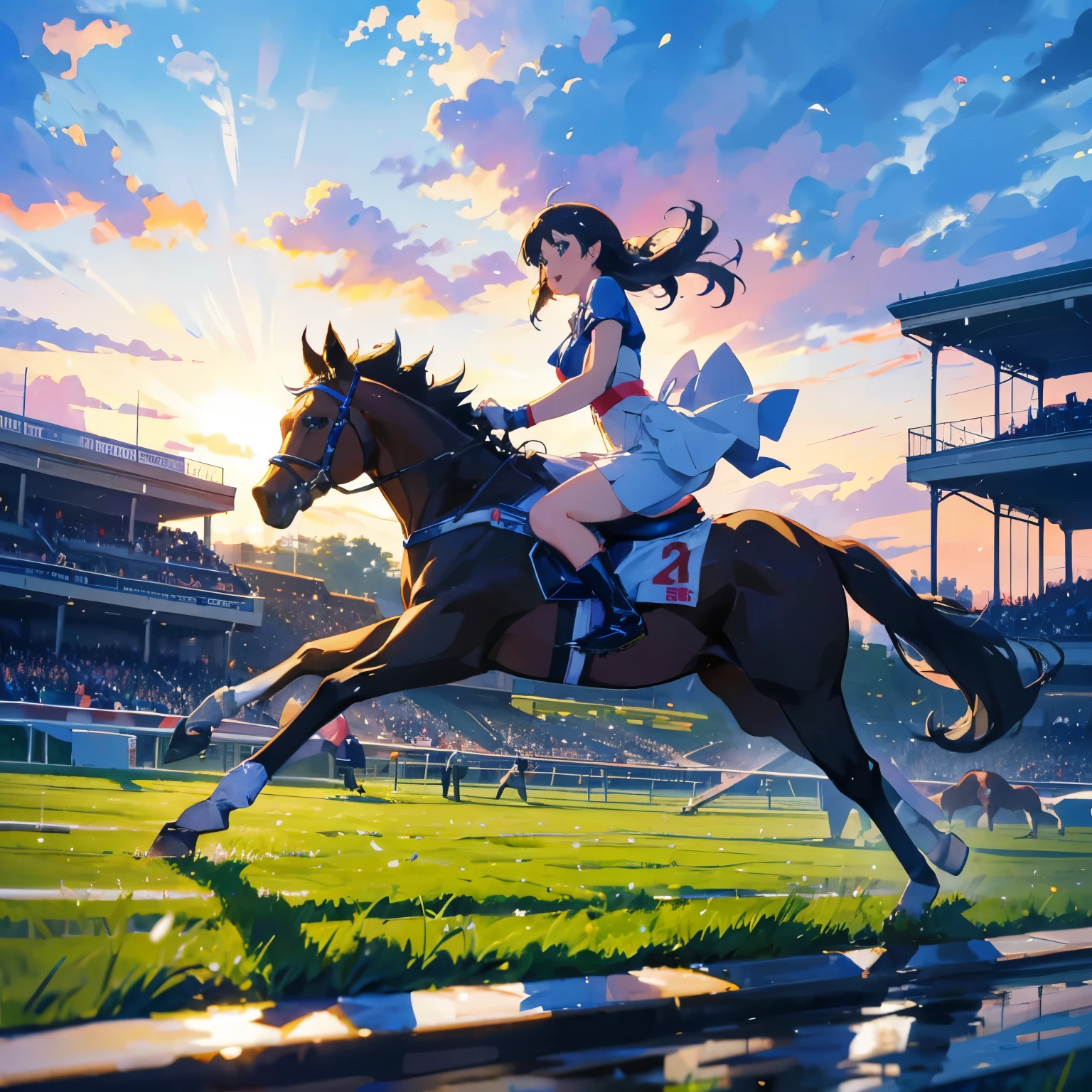Anime girl riding a horse in a stadium with a sunset in the background ...