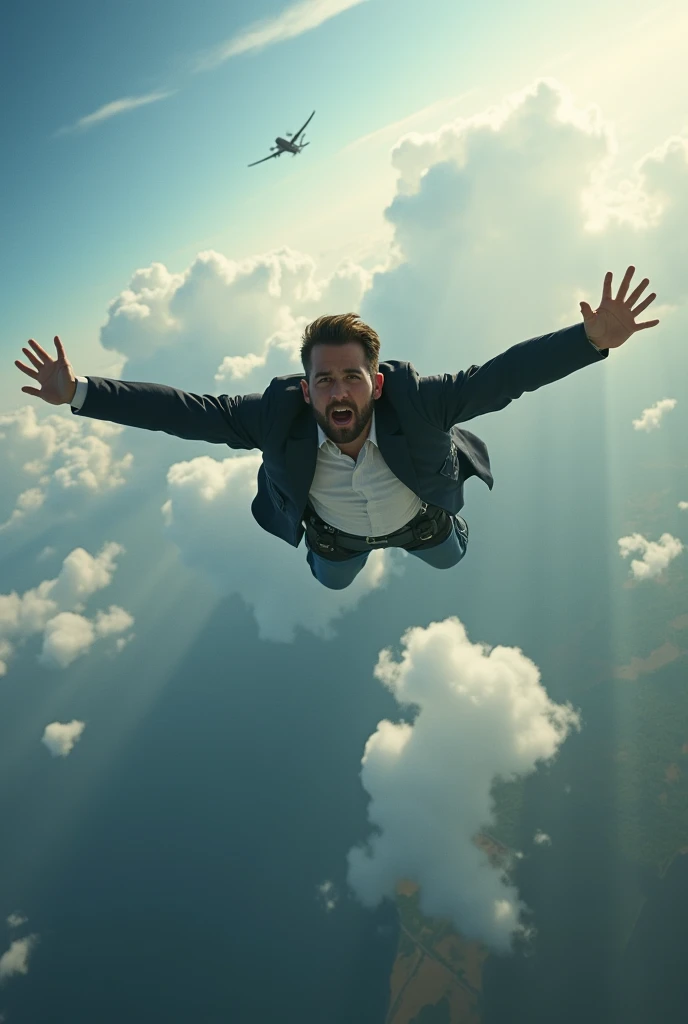 A man flying from airplane without parachute🪂 - SeaArt AI