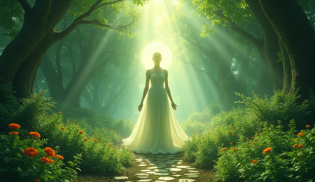 : "A lush garden with a central human figure radiating harmony and ...