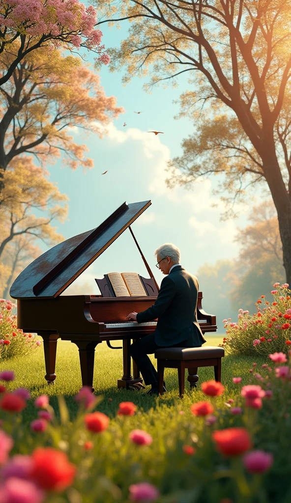HD、Spring flowers、Bright landscape、 grand piano、Mozart is playing the ...