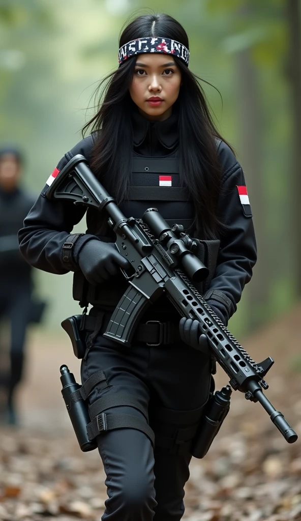 24yo girl, long black hair, headband in the colors of the Indonesian ...