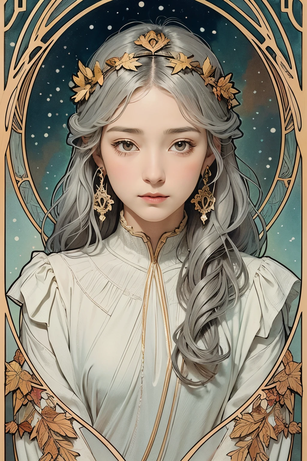 A painting of a woman with long hair and a wreath on her head - SeaArt AI