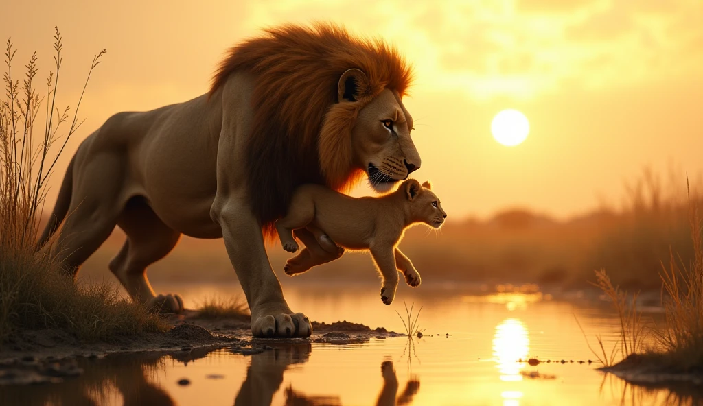 "A powerful scene of a lion carrying its cub by the scruff of its neck ...