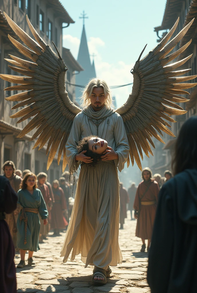 A male angel whose wings are made of knives and other sharp objects is ...