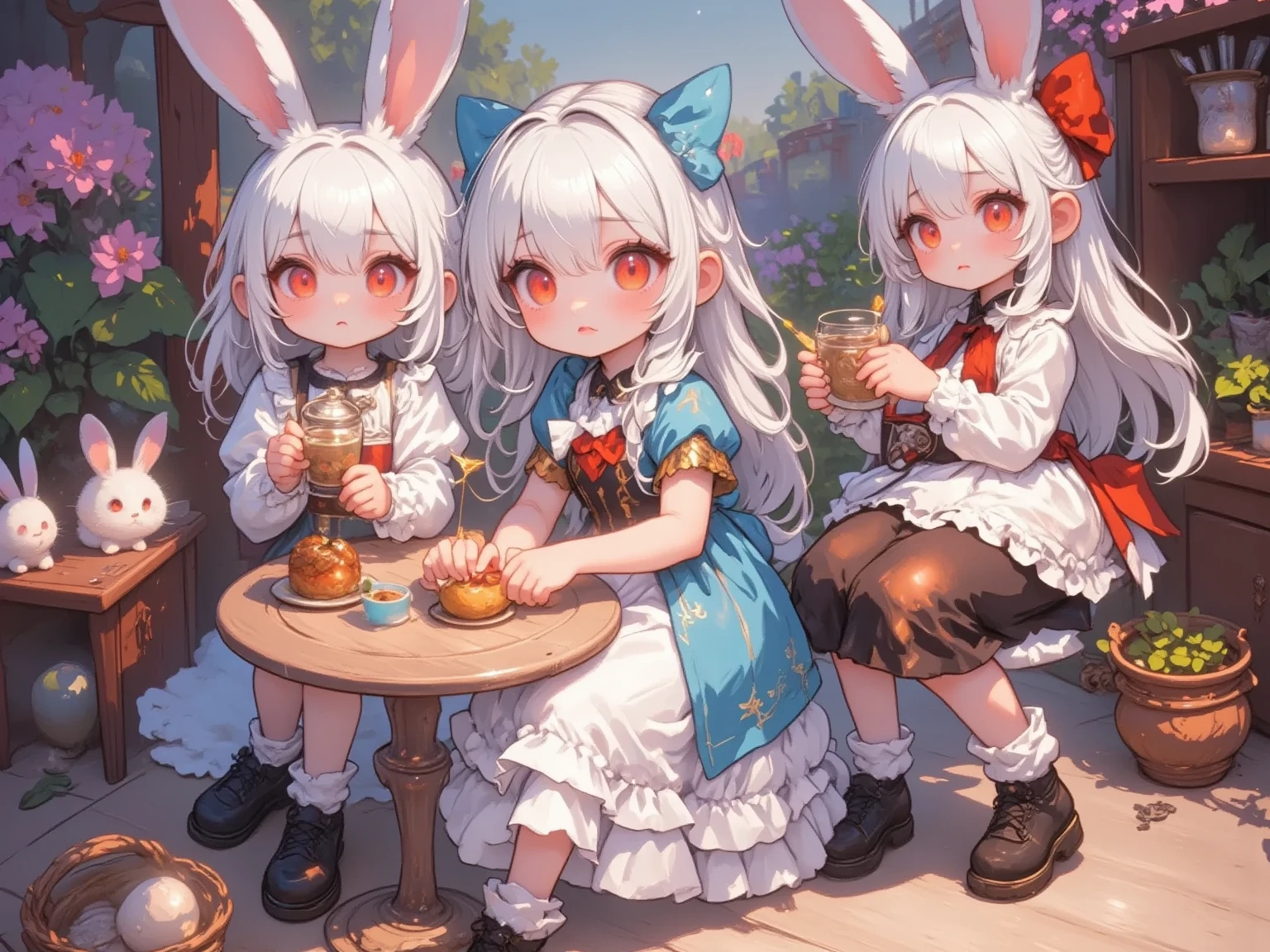 3 girls,(Chibi, cute, small, pink hair, very long hair ,bangs - SeaArt AI