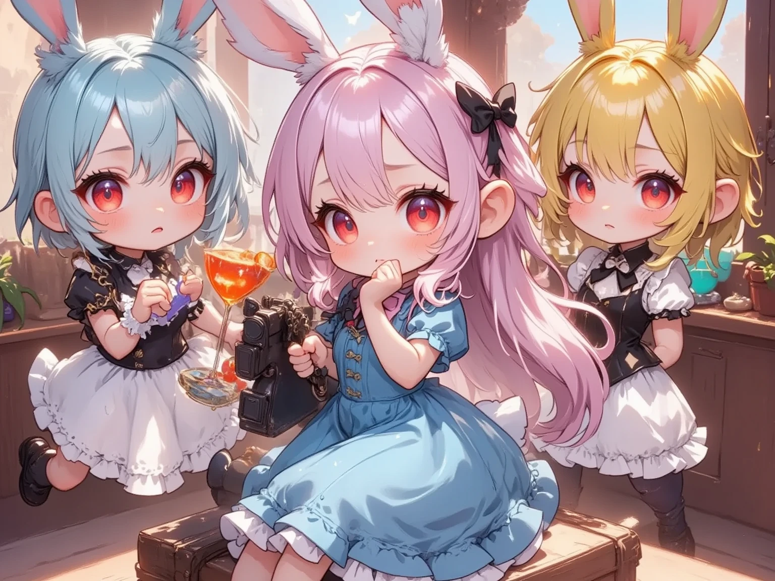 3 girls,(Chibi, cute, small, pink hair, very long hair ,bangs - SeaArt AI