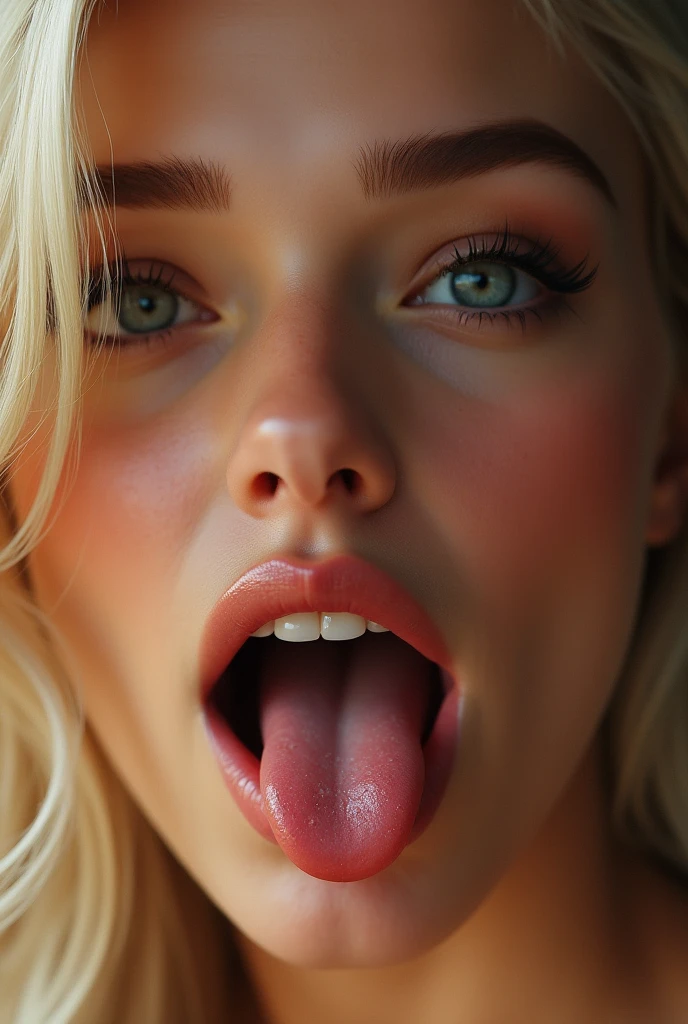 open your mouth stick out your tongue pointed tongue drool sexy Blonde Bea - SeaArt AI