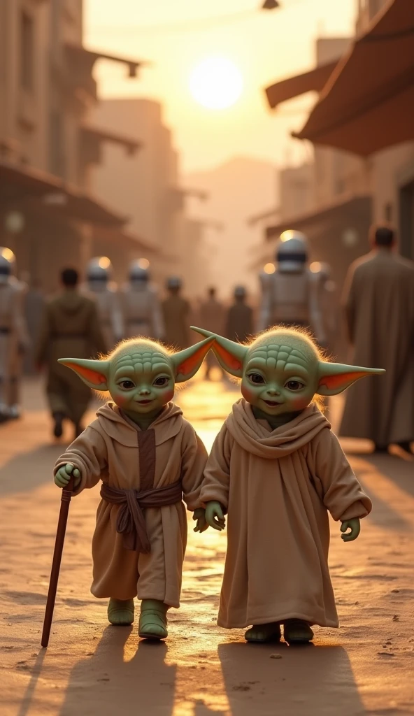 A 5-month-old baby dressed as a mini Yoda, with green ears, a tan robe ...