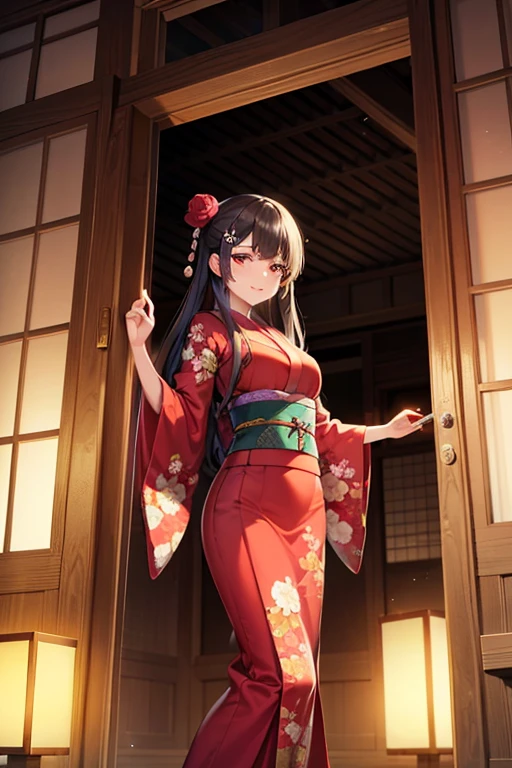 A historical Japanese courtesan from the Edo period standing at the ...