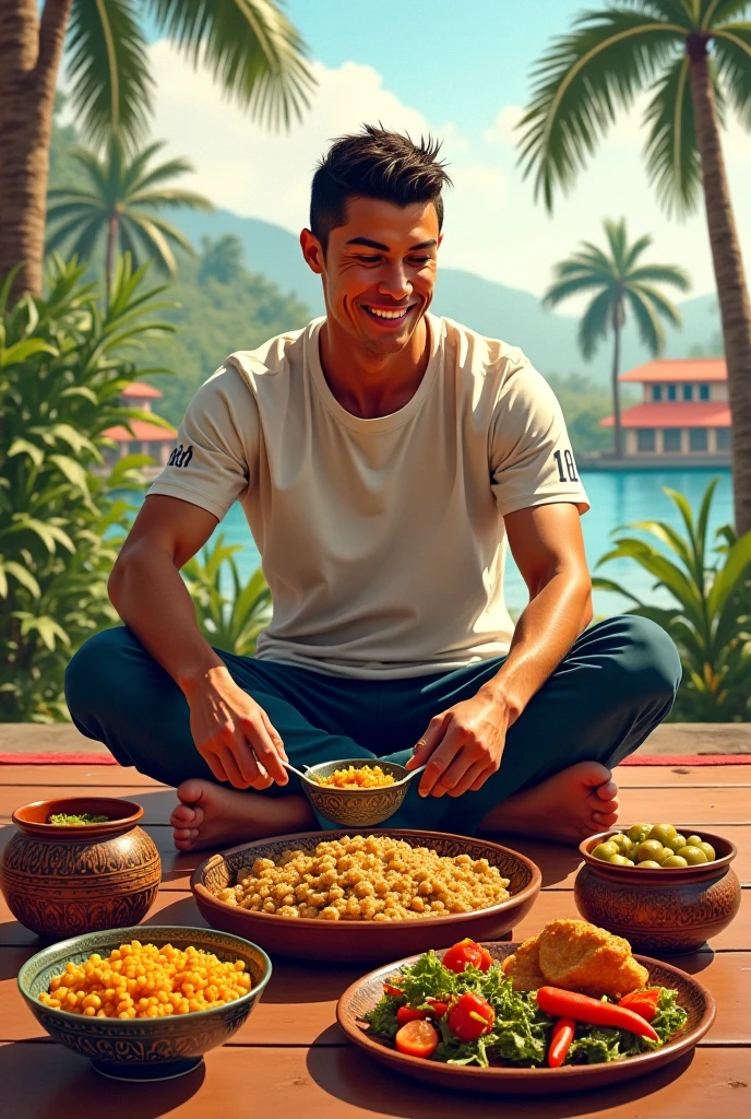 Cristiano ronaldo eating food in kerala - SeaArt AI