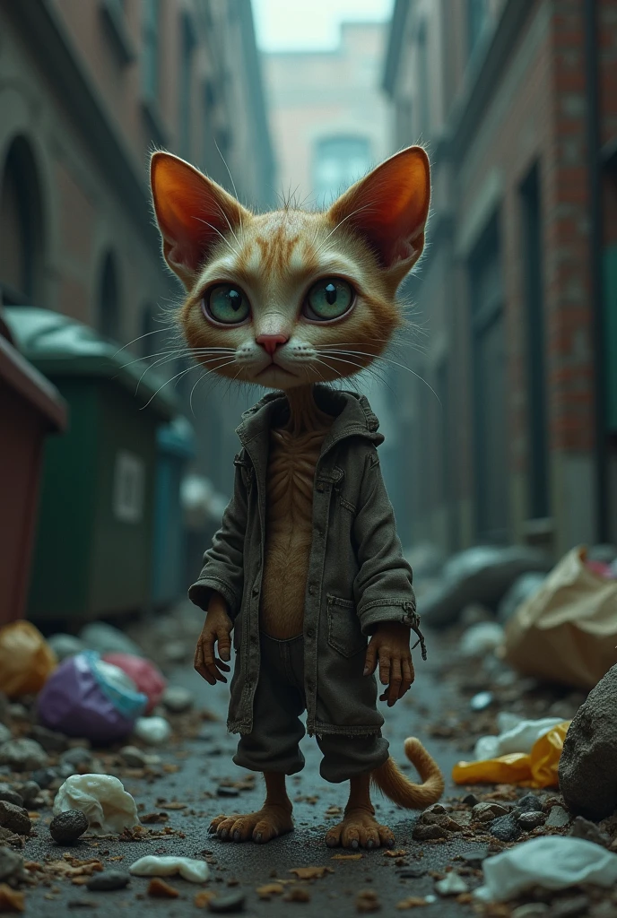 A sad, skinny and emaciated cat stands in the alleys next to the ...