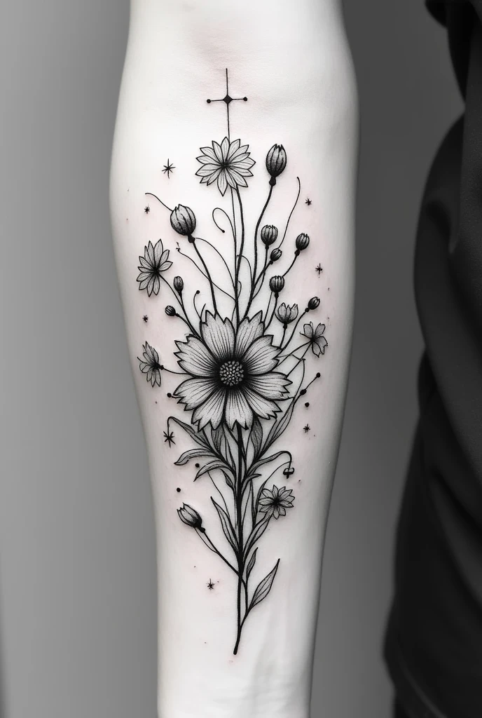 Design a black and white tattoo , with flowers for the forearm - SeaArt AI