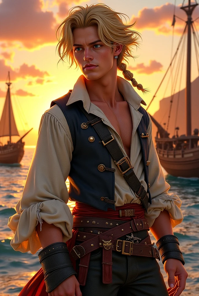 A young man pirate. Blonde hair. - SeaArt AI