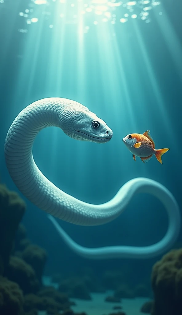 A large, majestic white snake in the sea, its shimmering body gliding ...