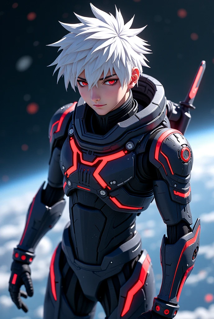 Anime guy, white hair, red eyes, mass effect armor, in space - SeaArt AI