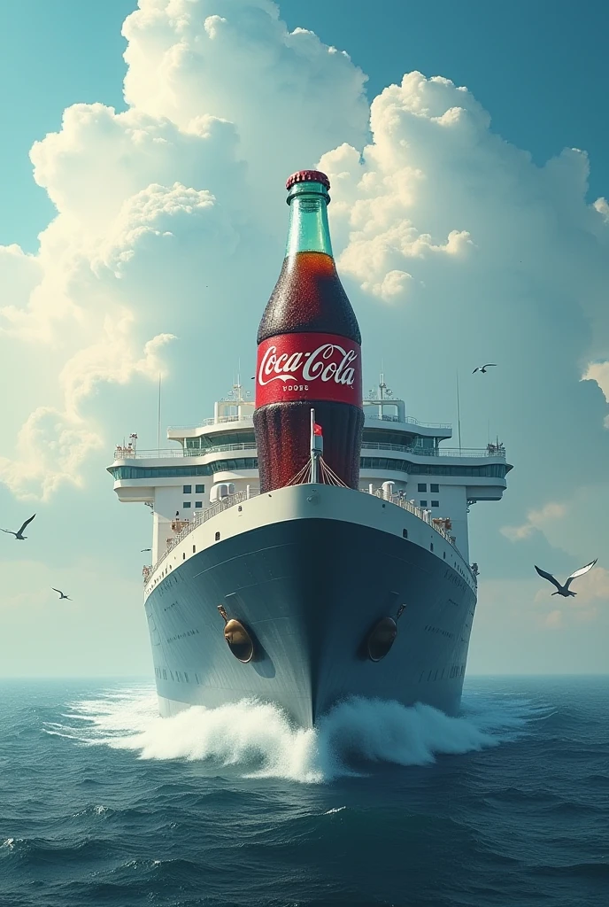 A big ship in sea big bottle of coca cola in that ship bigest clouds ...