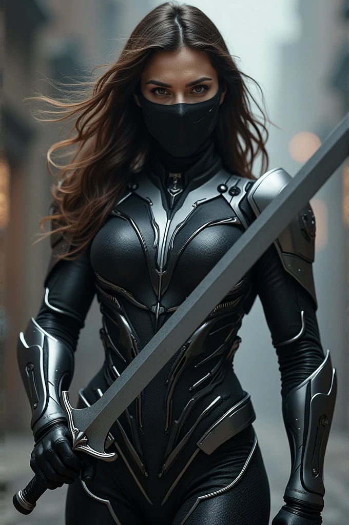 A superhero with a black and silver suit , and a superb mask with brown ...