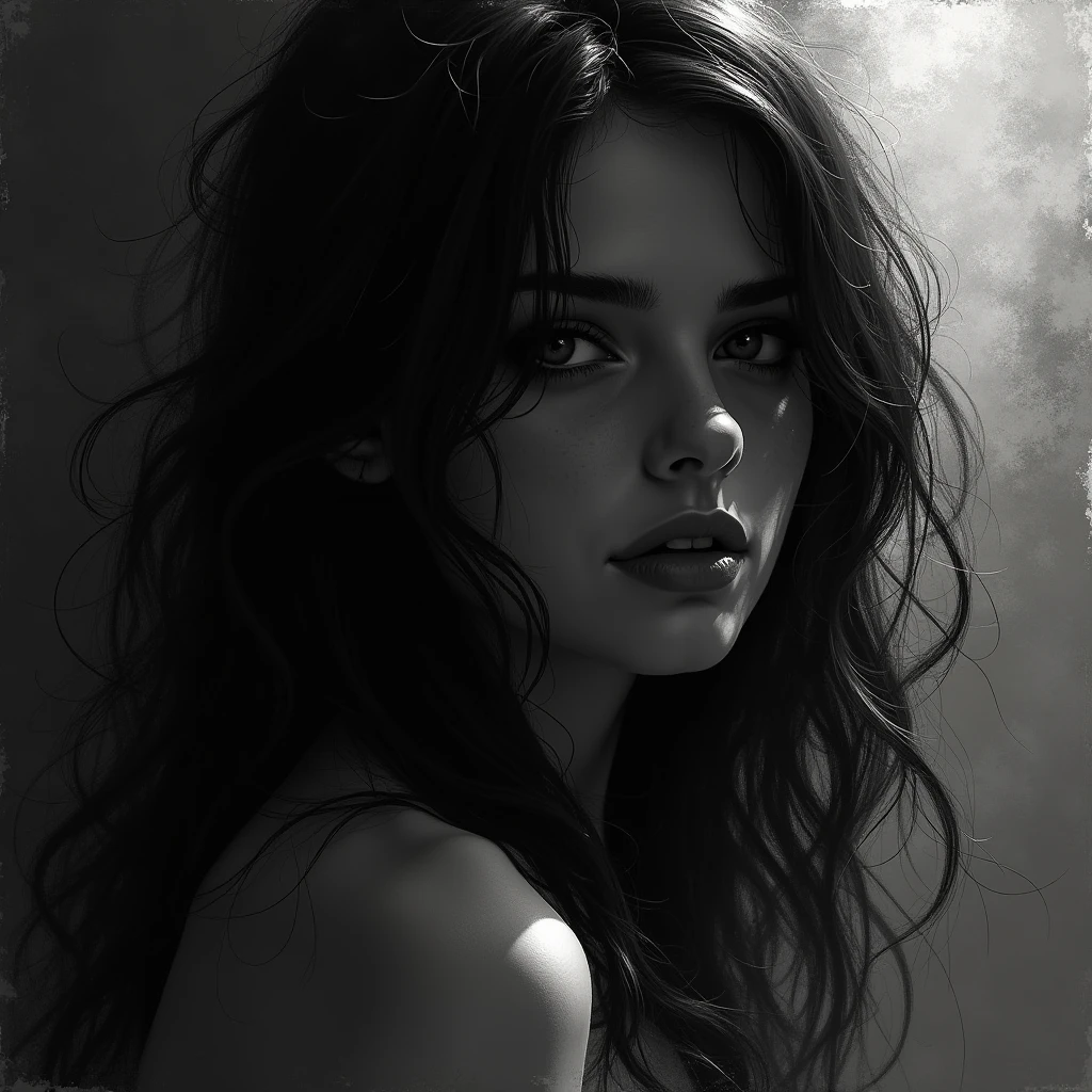 Black and white drawing in the style of Luis Royo of a beautiful female ...