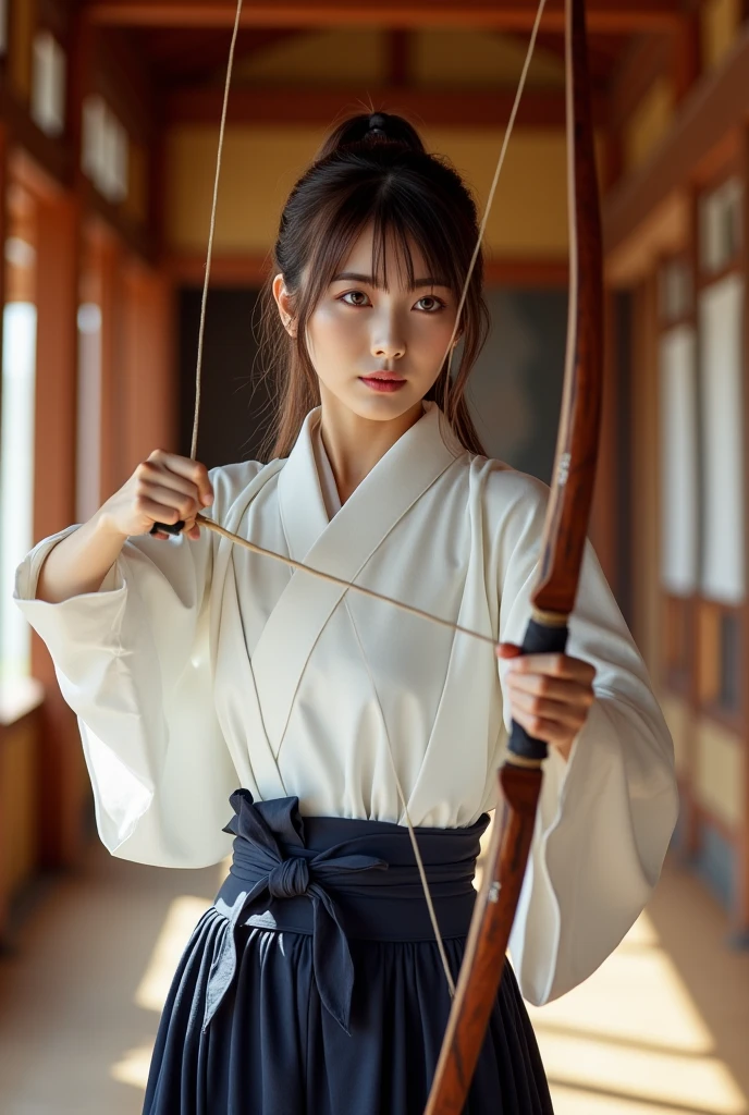 A beautiful Japanese woman in a traditional kyūdō uniform, standing in ...